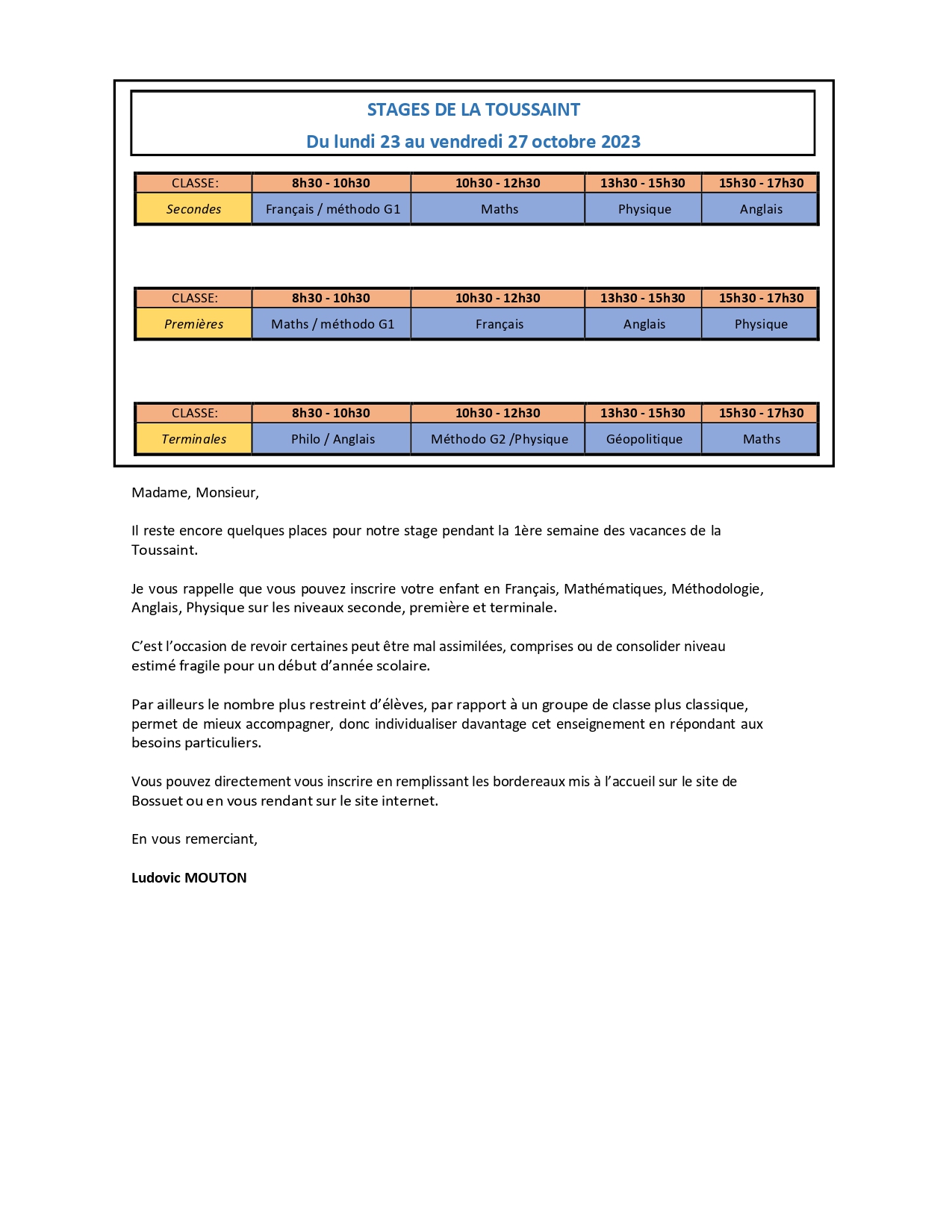 PROGRAMME STAGE INTENSIF TOUSSAINT - Lycée Edgar Poe
